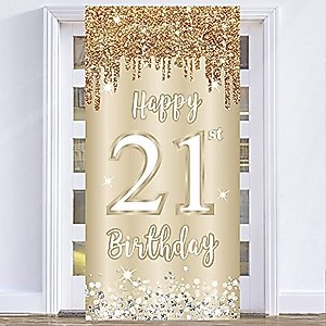 Happy 21st Birthday Door Banner Decorations for Her, Gold White 21 Birthday Door Cover Sign Party Supplies, 21 Year Old Birthday Photo Booth Background Decor for Women