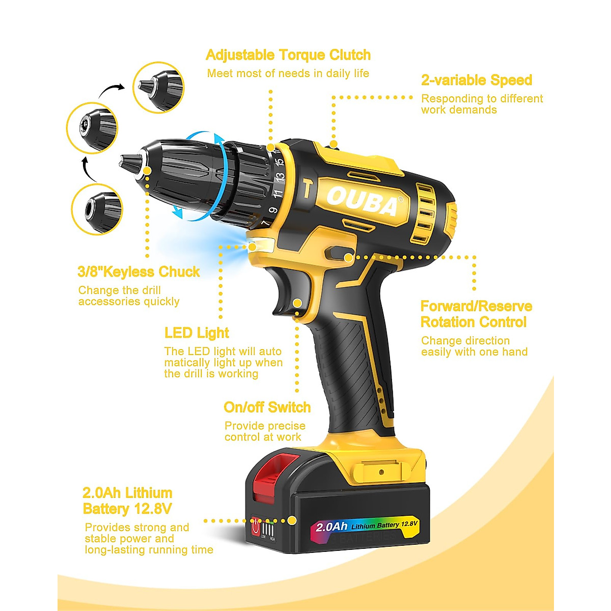OUBA Cordless Drill Set, 12.8V Lithium Lon Power Drill Cordless with Battery and Charger, 2 Variable Speeds, 3/8" Keyless Chuck, 25+3 Torque Setting, Built-In LED, Electric Drills for Home (Yellow)