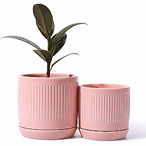 POTEY 053206 Ceramic Planter Pots - Glazed Modern Planters Flower Pot Indoor Bonsai Container with Drainage Holes & Saucer for Plants Aloe(5.1 + 4.2 Inch, Shiny Pink, Set of 2, Plants Not Included)