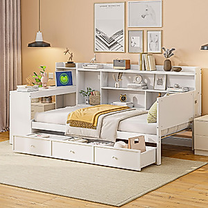 Multi-Functional Twin Size Daybed with Storage Shelves and Study Desk, Wooden DayBed Sofa Bed Frame with 3 Drawers and USB Ports for Office Living Room Bedroom, Maximize Space (White-V5, Twin)