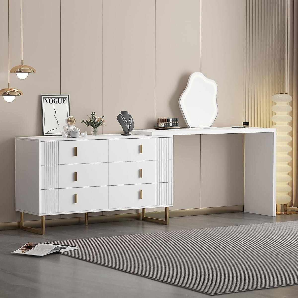 Messenya White Vanity Makeup Mirror Desk with 3-Color Touch Screen Illuminated Lights, Girls vanities Set Table with 6 Drawers and Mirror, Tocador de Maquillaje para Mujer, Dressing Table (S-102)