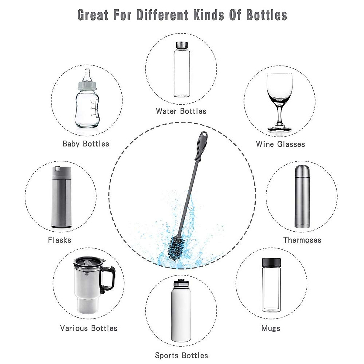 Silicone Bottle Cleaning Brush with Long Handle, 12.5" Water Bottle Cleaner for Baby Bottles, Hydro Flask, Sports Bottle, Vase, Glassware, Perfect for Smaller Diameter Bottle Openings (One Pack)