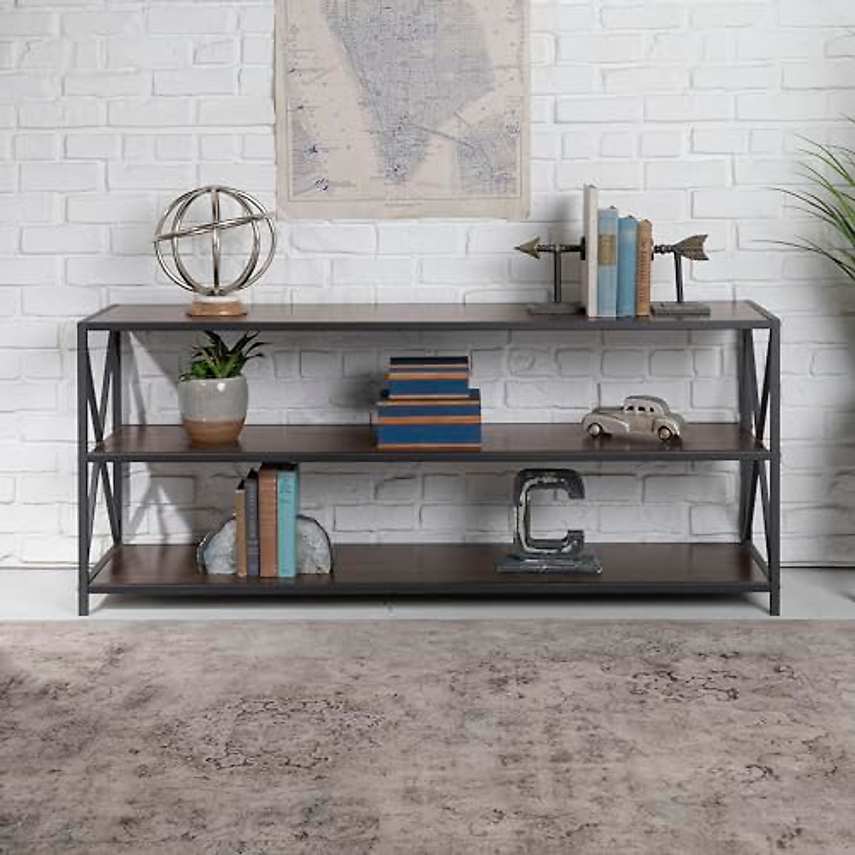 Walker Edison 2 Shelf Industrial Wood Metal Bookcase Tall Bookshelf Storage Home Office, 60 Inch, Dark Walnut