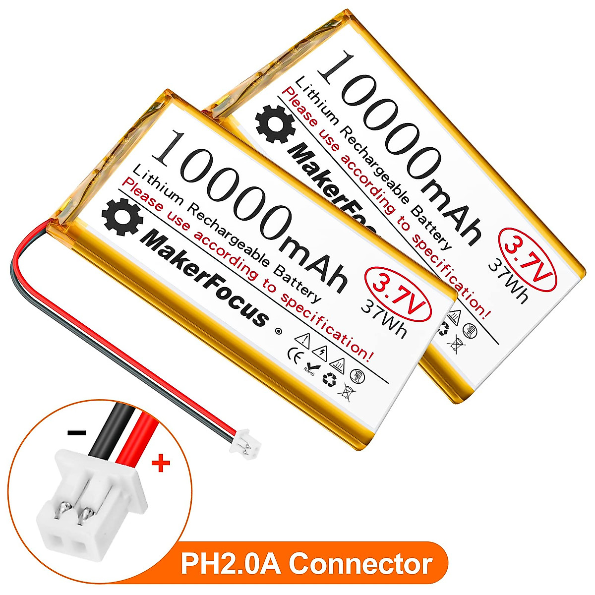 MakerFocus 3.7V LiPo Battery 10000mAh Lithium Rechargeable Battery with Integrated Protective Board, Insulation Coating and PH2.0A Plug for Raspberry Pi UPS Board and Other