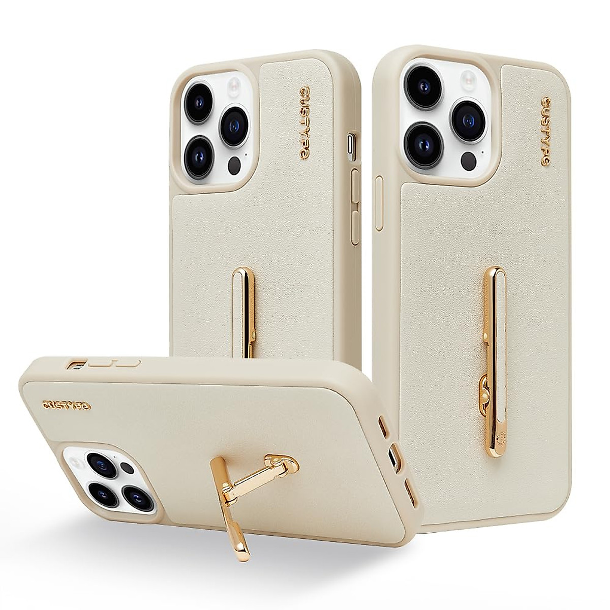 CUSTYPE Case for iPhone 13 Pro Max with Stand, Compatible with Wireless Charging, [2-Way Stand] Metal Kickstand,Slim Fit Leather Shockproof Protective Case for Apple 13 Pro Max 6.7inch Beige