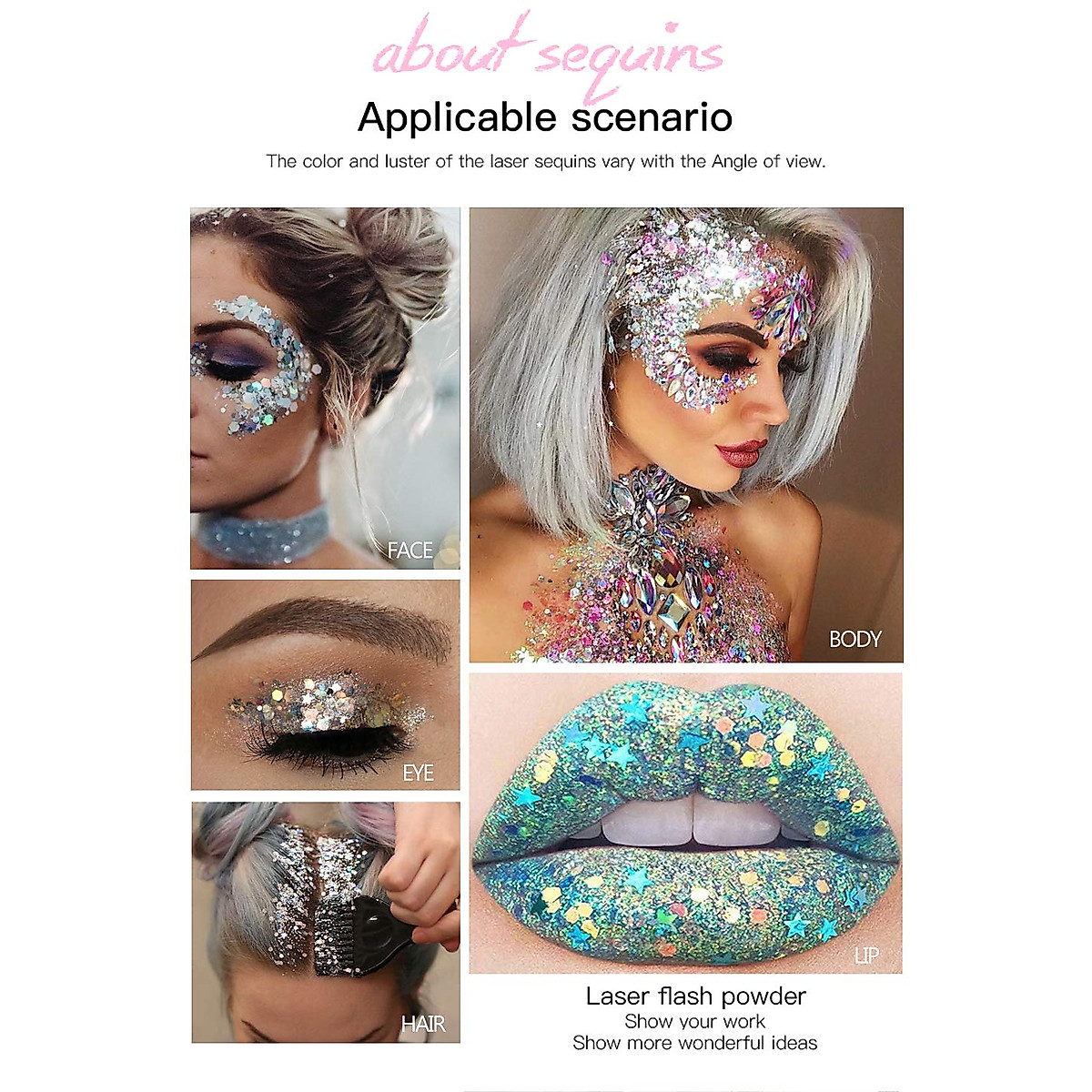 HANDAIYAN Holographic Body Glitter Gel Nail Hair Body Face Eye Shadow Mermaid Sequins Chunky Glitter Festival Glitter Makeup for Body, Face, Hair Makeup (01 Silver)