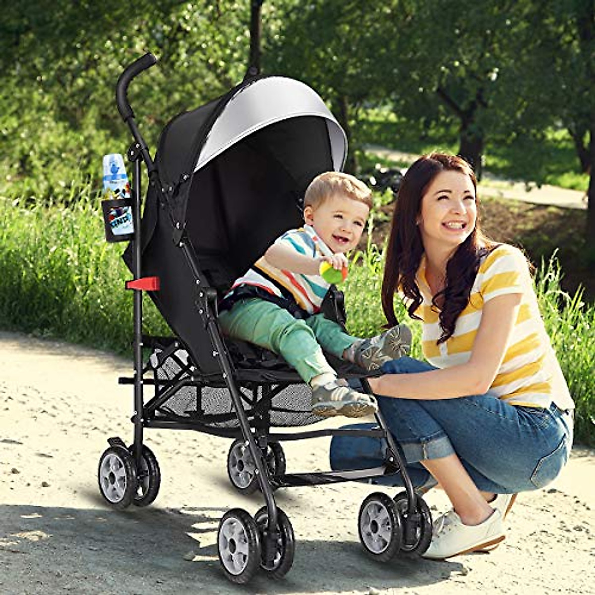 BABY JOY Lightweight Stroller, Compact Travel Stroller, Infant Stroller w/Adjustable Backrest & Canopy, Cup Holder, Storage Basket, 5-Point Harness, Easy Fold, Umbrella Stroller for Toddler, Black