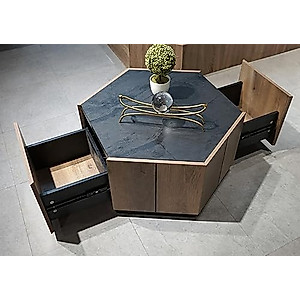 LKTART Hexagonal Rural Style Garden Retro Wood Coffee Table Cocktail Table with 2 Drawers Reception and Living Room Textured Grey Warm Oak