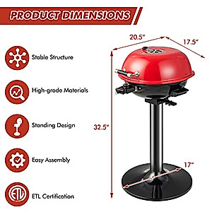HAPPYGRILL 1600W Portable Electric Grill Outdoor BBQ Grill for 15-Serving, Electric Barbecue Grill for Indoor & Outdoor Use, Portable Stand BBQ Grill for Patio Balcony Kitchen Garden
