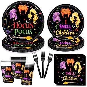 Halloween Hocus Pocus Party Tableware Set Halloween Decorations Paper Plates, Napkins, Cups, Forks for Halloween Witch Theme Party Decorations Hocus Pocus Party Supplies Favors, 24 Guests