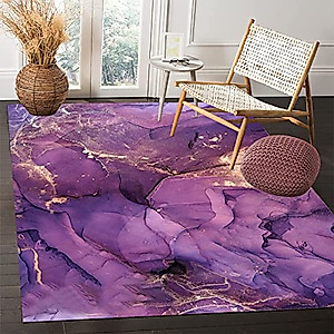 Purple Gold Liquiod Style Modern Abstract Area Rug for Living Room Bedroom Cool Carpet Under Dining Table Vintage Marble Rug Soft Home Office Floor Rug Indoor Outdoor Kitchen Laundry Room Rug 6x9