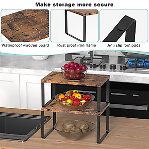 CADUKE Set of 4 Counter Shelves Kitchen Stackable Cabinet Shelf Wood Organizer Expandable Counter Top Racks Brown Bathroom Counter Organizer