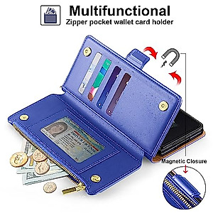 Antsturdy Samsung Galaxy Z Fold 3 5G Wallet with Card Holder for Women Men,Galaxy Z Fold 3 Phone case RFID Blocking PU Leather Flip Shockproof Cover with Strap Zipper Credit Card Slots,Purple Blue