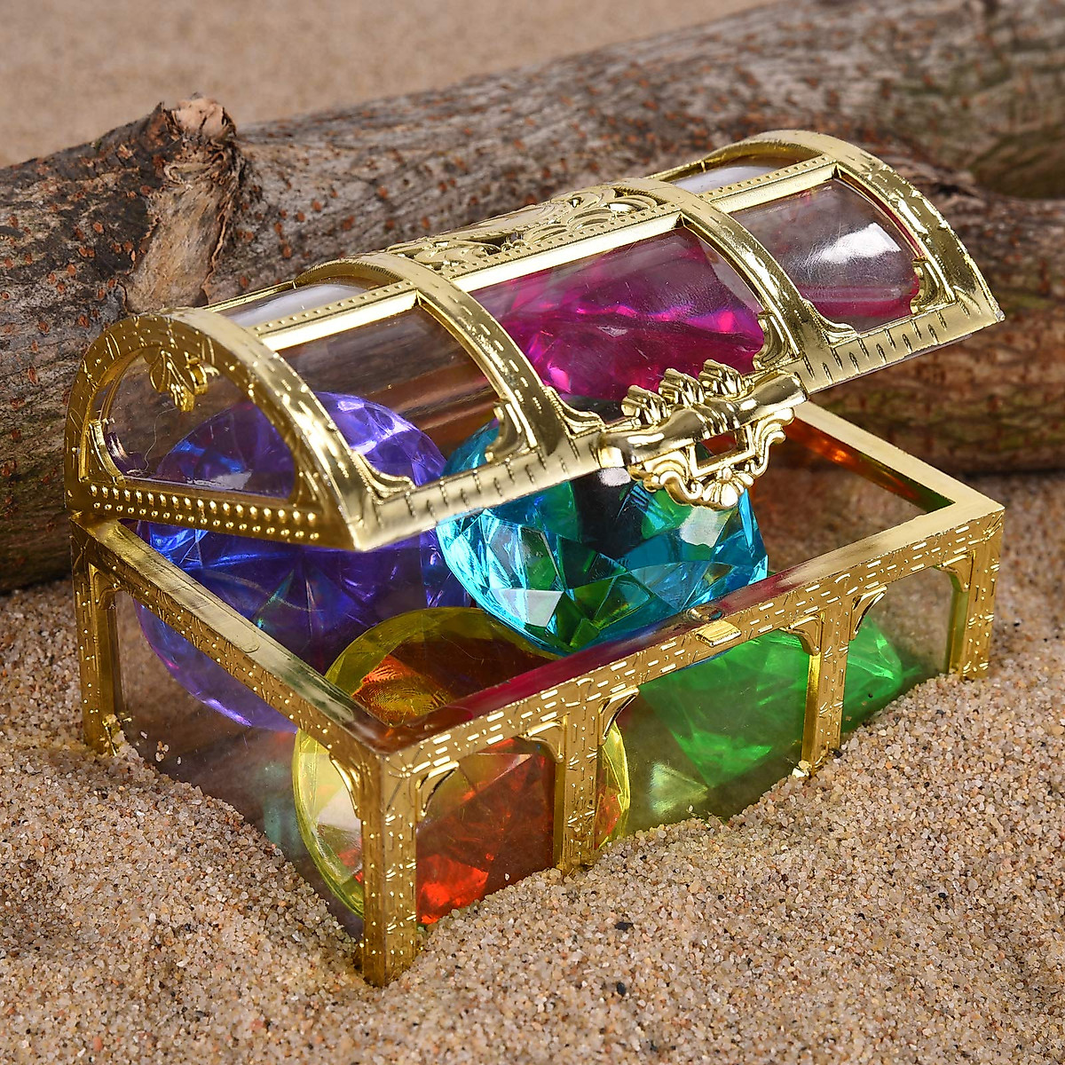 Diving Gem Pool Toy 6 Big Colorful Diamonds Set with Treasure Pirate Box Summer Swimming Toys Dive Throw Underwater for Use Treasures Gift Sets (golden)