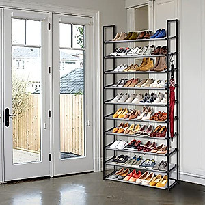 AOSION 10 Tier Shoe Rack,Shoe Rack for Closet 30-50 Pairs Tall Shoe Rack Organizer with Hooks Large Shoe Rack with Removable,Space Saving Shoe Shelf,Non-Woven Fabric Shoe Tower,Grey