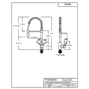 Westbrass KS18A-26 21" Commercial Kitchen Faucet with Dual Function Open Coil Pull Down Sprayer and 1-Lever Handle, Polished Chrome