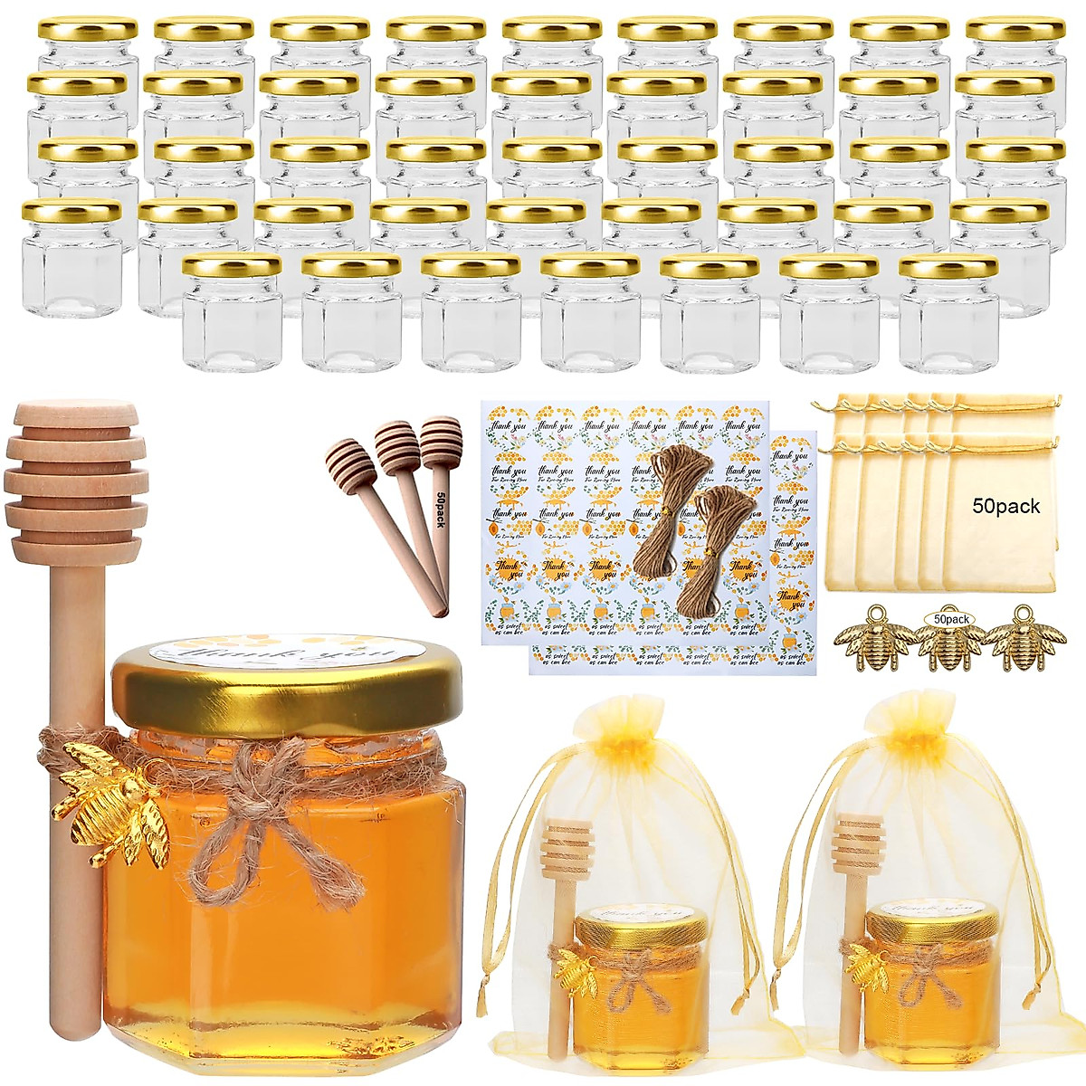 XING-RUIYANG 1.5 oz Glass Honey Jar- Small Hexagonal Honey Jars with Wooden Dipper Gold Lid Bee Charms Gold Gift Bags and Rope for Baby Shower Wedding Party Favors (50 PACK)