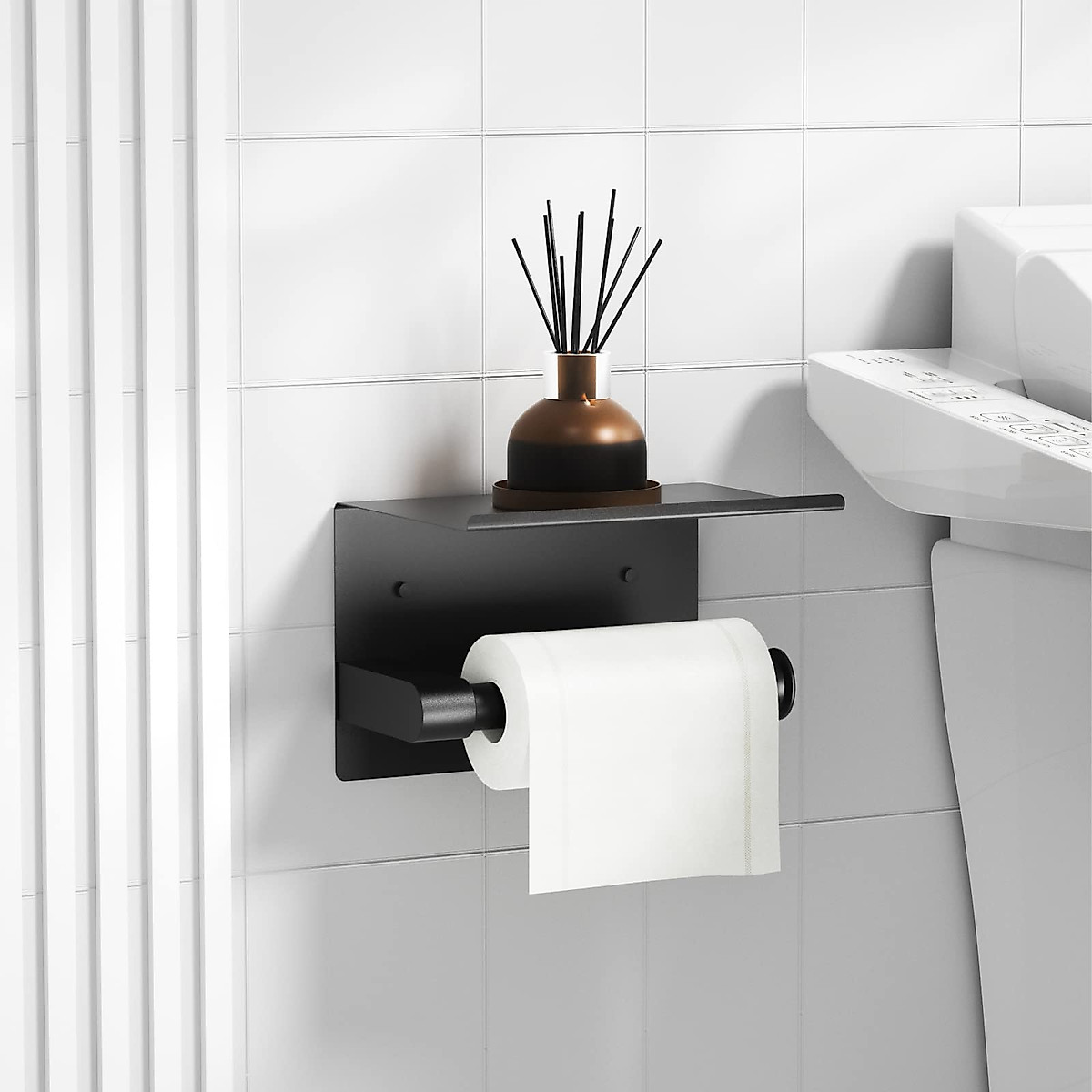 ASTOFLI Black Toilet Paper Holder with Shelf: Self Adhesive Toilet Paper Holder with Phone Shelf - No Drill Stainless Steel Toilet Paper Holders Wall Mount - Wall Mounted Tissue Roll Holder