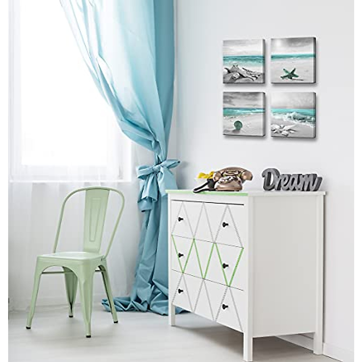 JUFENGART 4 panels green ocean beach wall decoration for bathroom beach canvas prints natural pictures home artwork bedroom living room wall art ready to hang size: 12x12inch/set