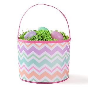 Personalized Chevron Bucket Bag with Custom Name | Orange and Pink Stripped Easter Bag with Handle | Soft Egg Basket for Kids | Customized Easter Basket | Great for Easter Egg Games