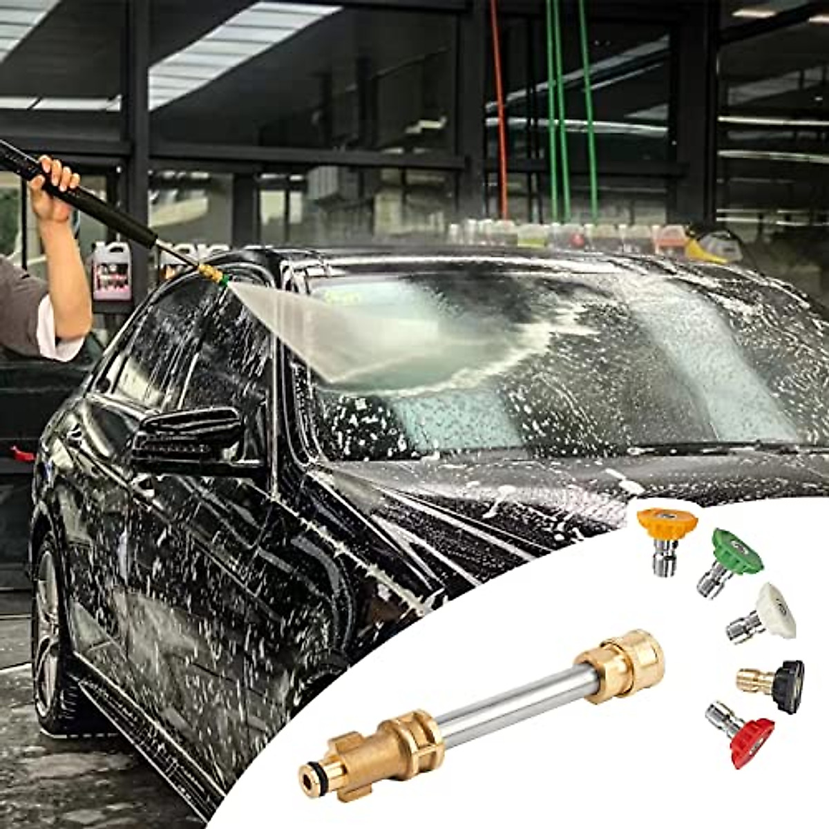 Raincovo Replacement for Pressure Washer Gun Adapter Ryobi, Portland, Greenworks, Husky, Replacement Wand with 5 Nozzle Tips, 1/4 Inch Quick Connector Silver