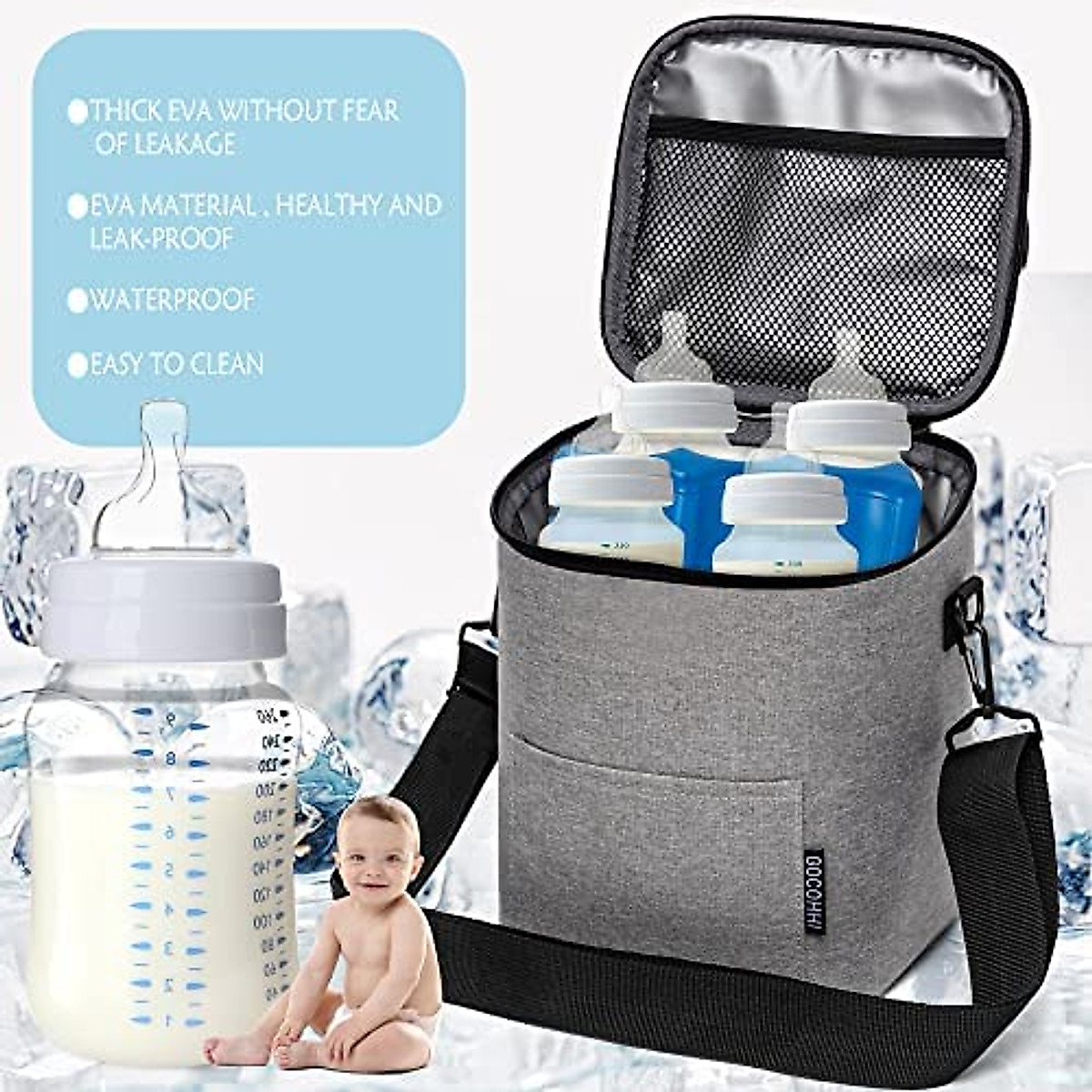 Breast Milk Cooler Bag with Ice Pack Reusable Storage Bags, Fit 4 Baby Bottles, Insulated Baby Bottle Cooler Bag Suitable for Nursing Mom Daycare, Waterproof with Zipper Pocket, Grey