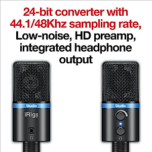 IK Multimedia iRig Mic Studio Compact Digital Recording 1" Capsule Condenser Microphone, 24-bit 48Khz converters, Headphone Output and Tabletop Stand for iPhone, iPad, Android, Mac PC