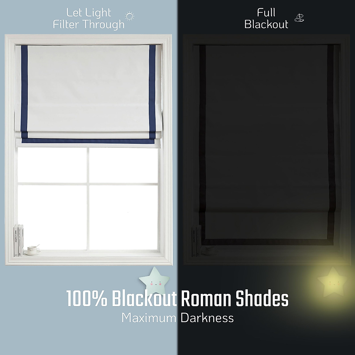 Everyday Celebration Roman Shades for Windows, 100% Blackout Shades, Cordless Pull Down Window Shades, Shades for Indoor Windows, Ribbon Border Blinds & Shades, (Navy) 36" W X 64" H