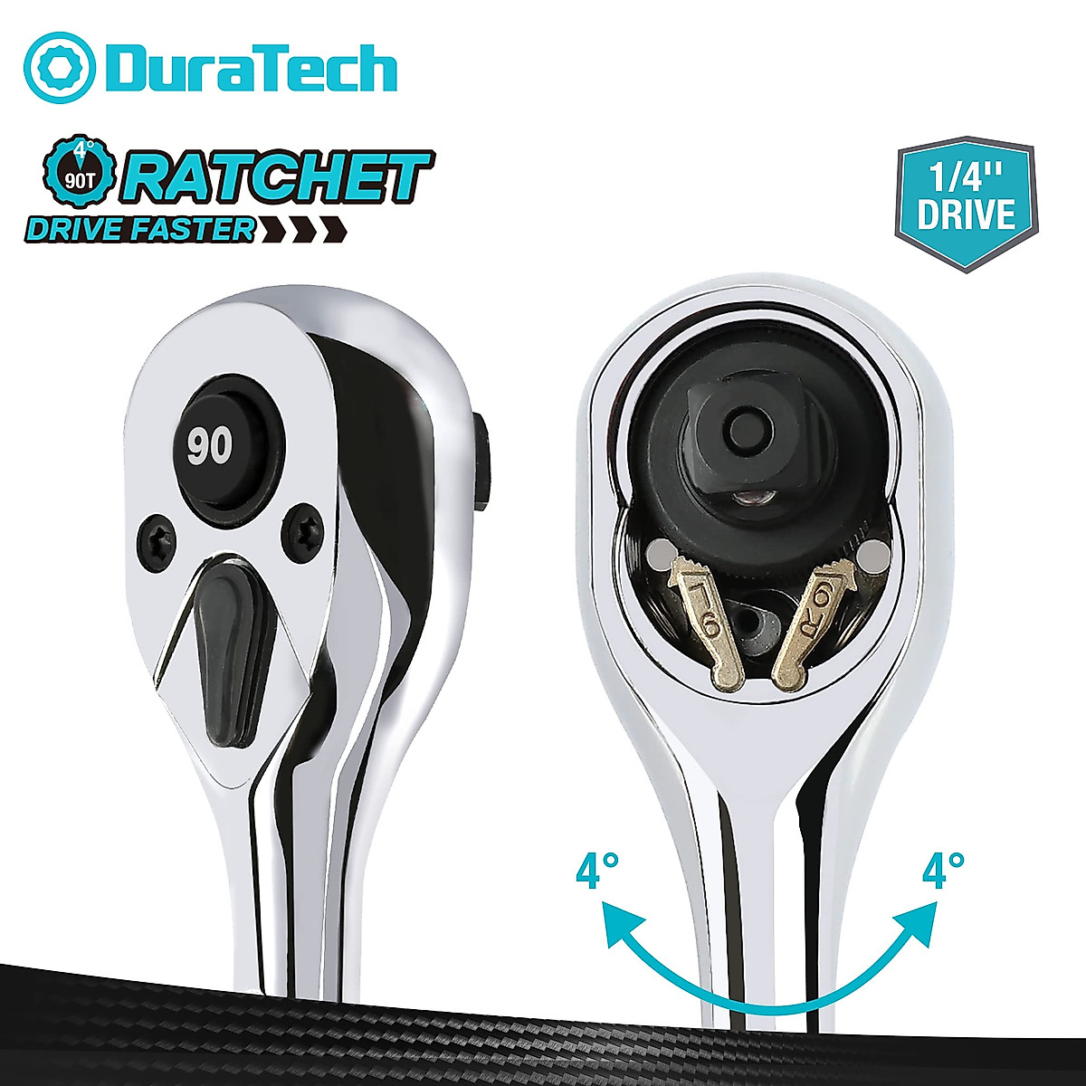 DURATECH 1/4-Inch Drive Ratchet, 90-Tooth Quick-release Ratchet Wrench, Reversible, Chrome Alloy Made, Full Polished, Gifts for Men Gifts for Women gifts for dad