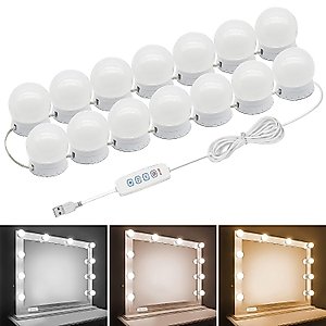 LED Vanity Lights for Mirror, Hollywood Style Vanity Lights with 14 Dimmable Bulbs, Adjustable Color & Brightness, USB Cable, Mirror Lights Stick on for Makeup Table Dressing Room