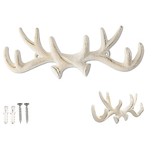 Comfify Vintage Cast Iron Deer Antlers Wall Mounted Hooks | Antique Finish Metal Clothes Hanger Rack w/Hooks | includes Screws and Anchors | in Antique White
