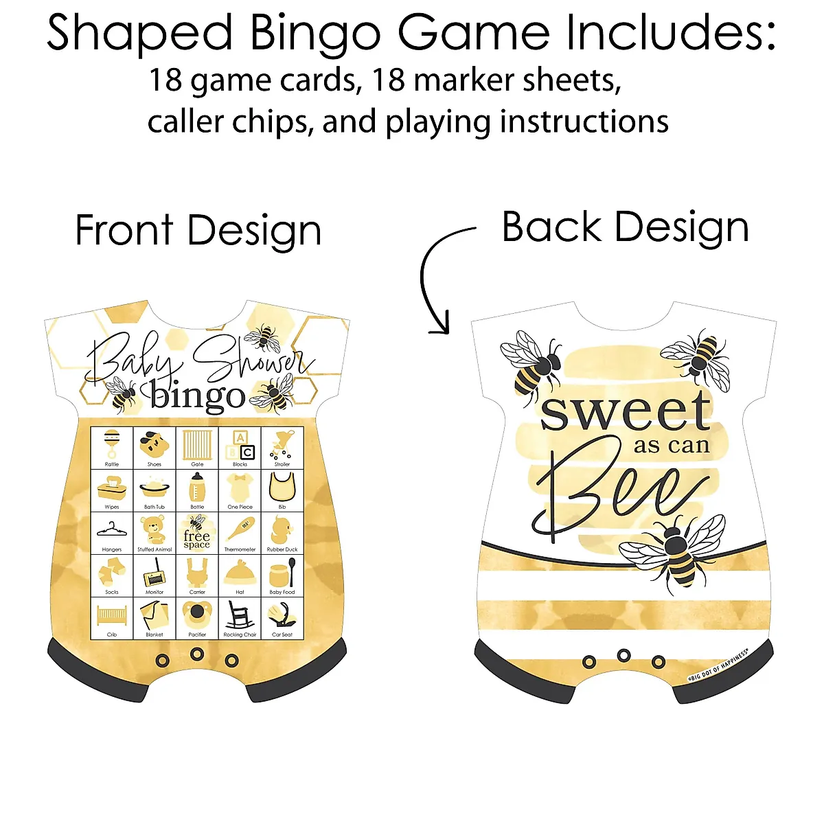 Big Dot of Happiness Little Bumblebee - Picture Bingo Cards and Markers - Baby Shower Shaped Bingo Game - Set of 18