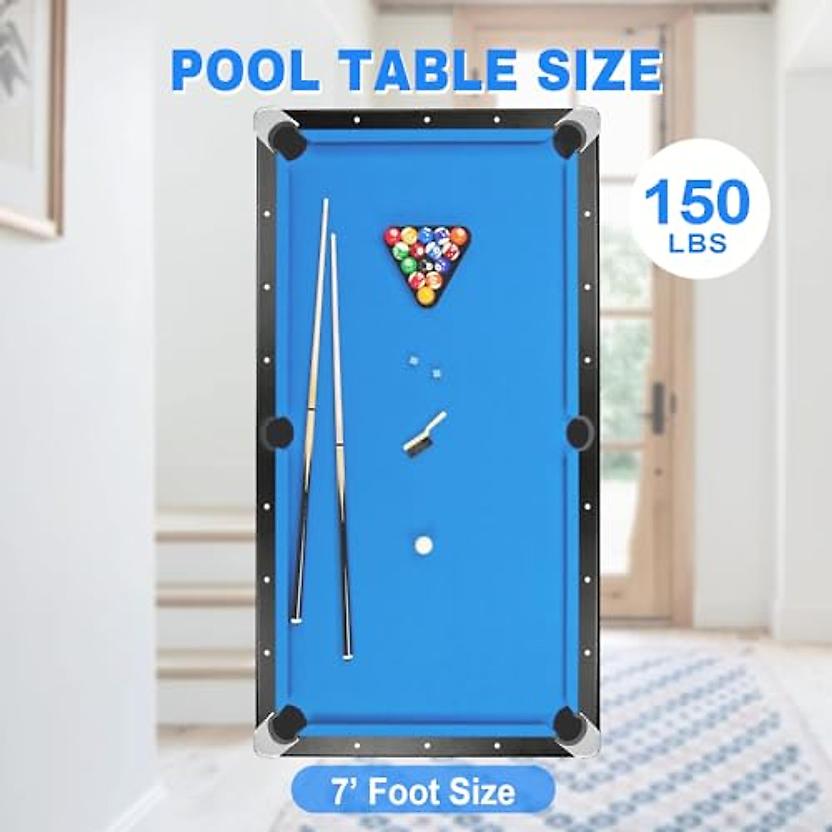 Wakefa 7ft Billiards Table, Portable Foldable Pool Table, Includes Balls, Chalks, 2 Pool Sticks and Brush, Black with Blue Cloth, Perfect for Family Game Room