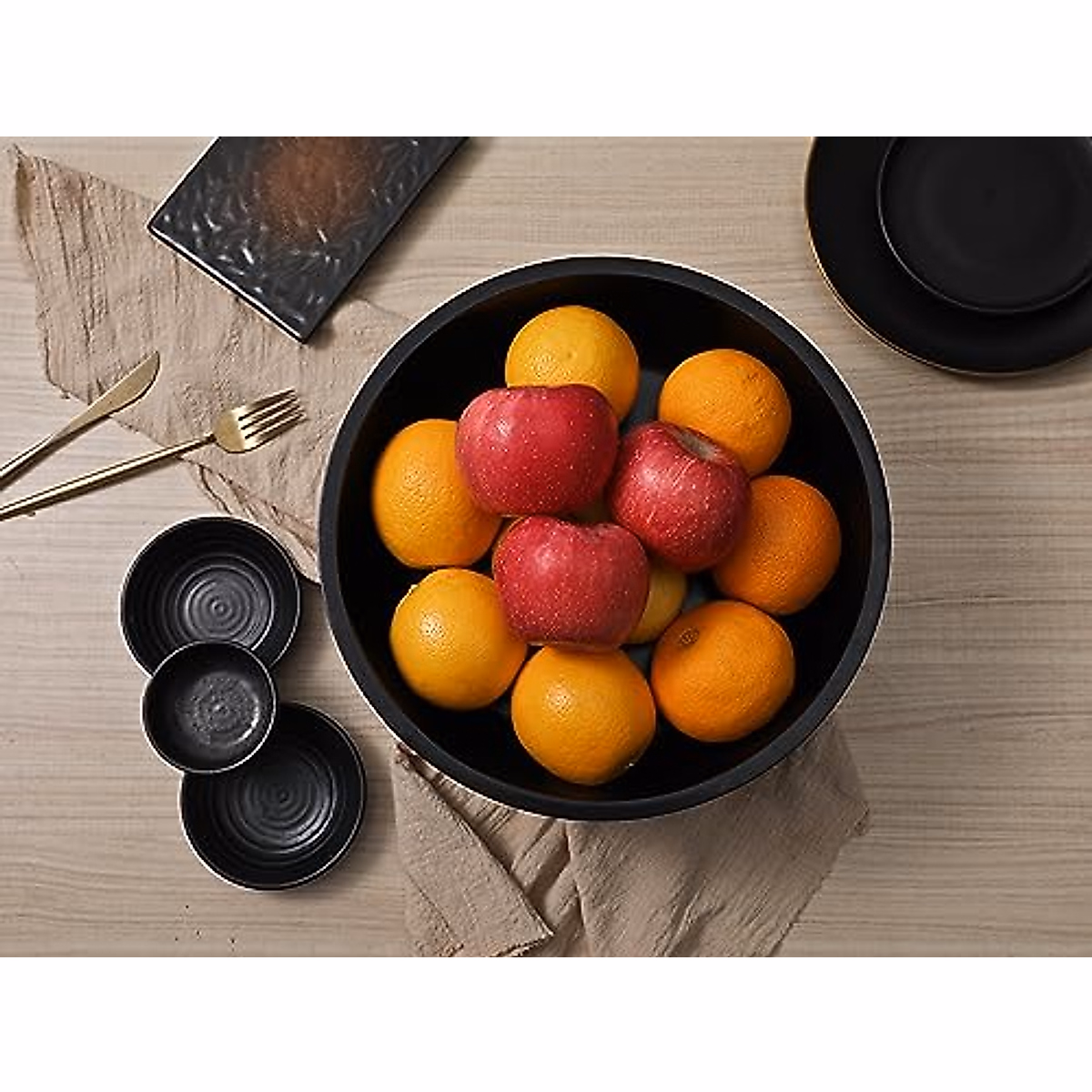 IVE Design Black Wood Fruit Bowl for Kitchen Counter, 12-inch Diameter Large Wooden Fruit Bowl, Natural Rubber Wood, Black Decorative Bowl Fruit Holder