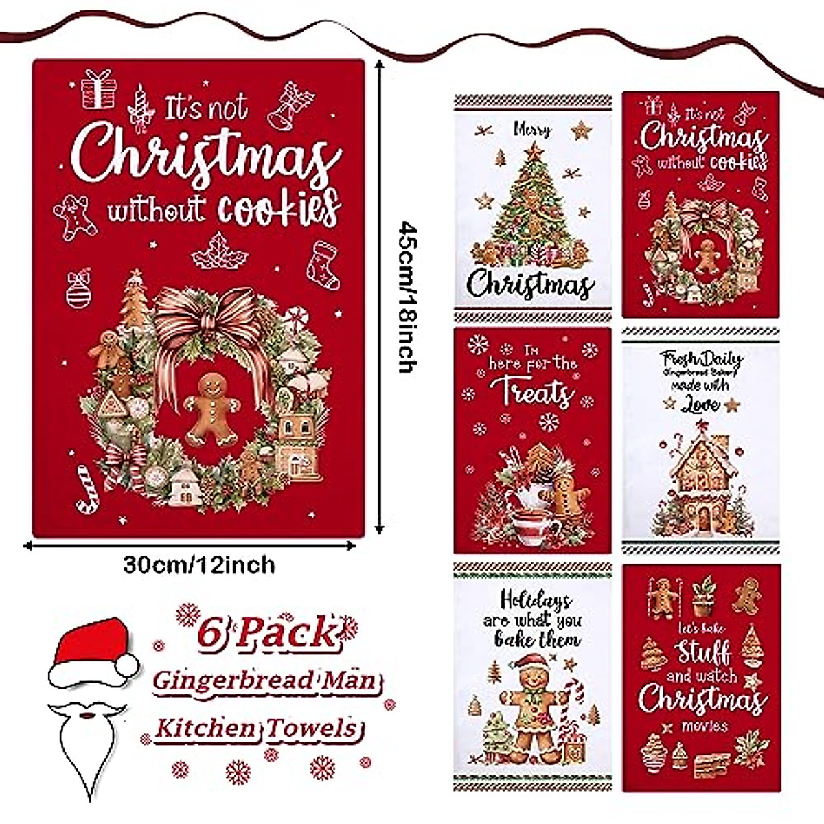6 Packs Christmas Gingerbread Man Kitchen Hand Towels 12 x 18 Inch Gingerbread Man Kitchen Towels and Dish Towels Set Wash Cloths Towels for Christmas African Drying, Cleaning, Cooking Baking