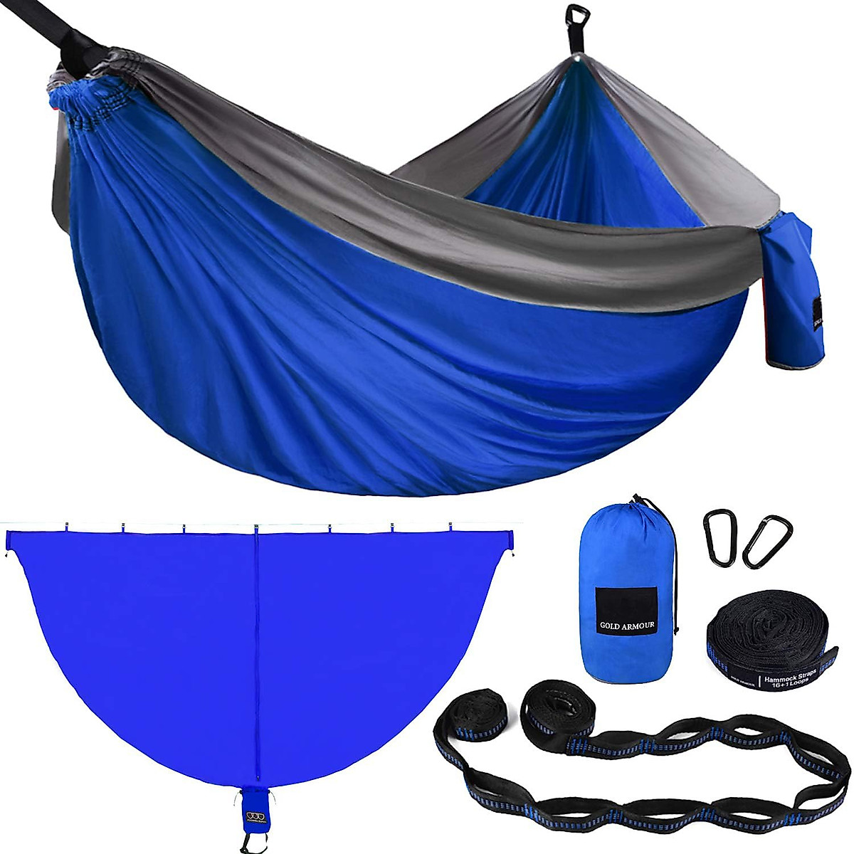 Gold Armour Camping Hammock with Bug Net - XL Double Hammock Portable Hammock Camping Accessories Gear Mosquito Bug Net Set for Outdoor Indoor, USA Based Brand (Blue & Gray)