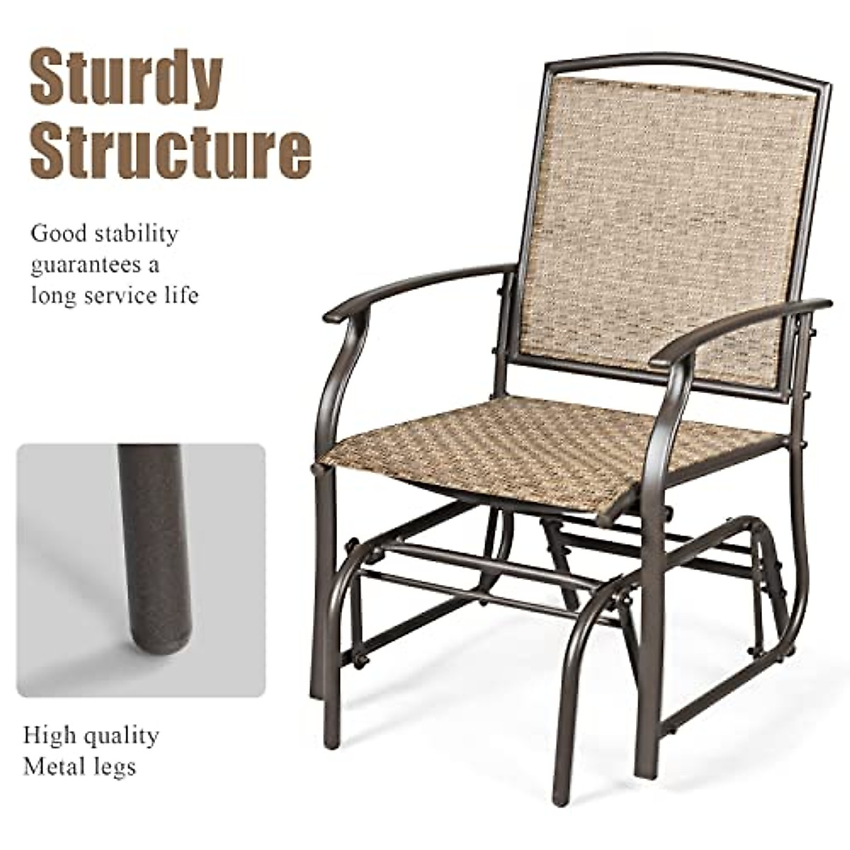 Tangkula Patio Glider, Outdoor Glider Chair with Steel Frame, Outside Porch Rocking Glider for Garden, Backyard, Poolside, Lawn (1, Brown)