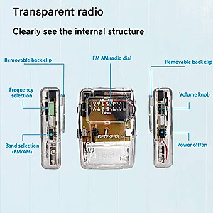 Retekess TR624 Portable Radio AM FM, Pocket Mini Radio, Clear Radio with Crystal Headphone, Powered by AAA Battery, Suit for Indoor Outdoor (Clear)