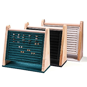 DYNWAVE Wooden Rings Display Stand Tray, 10 Slots Flannel Large Capacity Vertical Storage Holder for Studs Earrings Rings Show Retail Selling, Beige