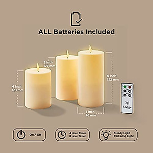Outdoor Ivory Flameless Candles with Timer: LED Pillar Candle Set of 3, Waterproof Patio Decor, Battery Operated, Remote Control Included, Realistic Flickering Warm White Light - 3x4 3x5 & 3x6