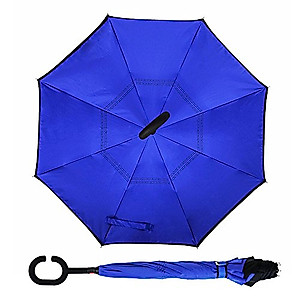 owen kyne Windproof Double Layer Folding Inverted Umbrella, Self Stand Upside-down Rain Protection Car Reverse Umbrellas with C-shaped Handle (Sapphire Blue)
