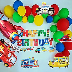 Transportation Party Decorations for Boys, 49PCS Construction Happy Birthday Supplies Vehicle Traffic Theme Baby Shower Red Green Blue Garland Kit for 2nd 1st with Car Plane Train Police Balloon Banner