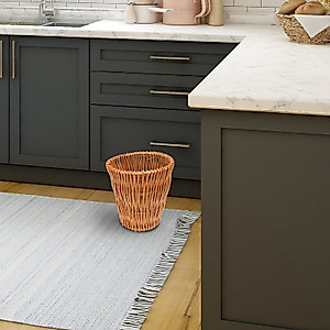 Wakauto Desktop Organizer Wicker Rattan Waste Basket Woven Trash Can Garbage Can Vintage Waste Bin Wastebasket Beige Creative Storage Basket