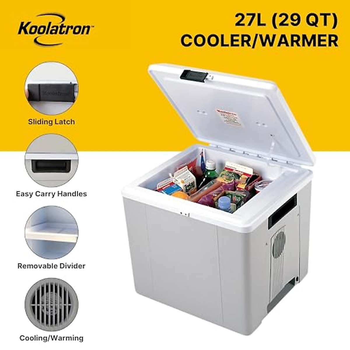 Koolatron Electric Portable Cooler Plug in 12V Car Cooler/Warmer 29 qt (27 L), No Ice Thermo Electric portable Fridge for camping, Travel Road Trips Trucking with 12 Volt DC Power,Gray/White.