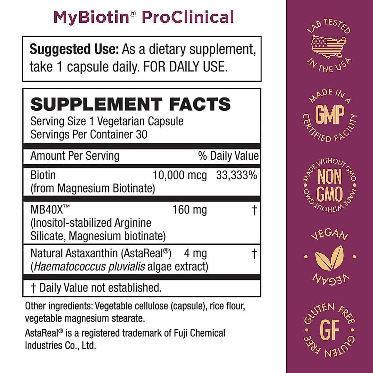 Purity Products MyBiotin ProClinical – Thicker Hair in 3 Weeks & Fights Wrinkles - MB40X Patented Biotin Matrix w/Astaxanthin 40X More Soluble vs Ordinary Hair, Skin Nails 30 Veg Caps