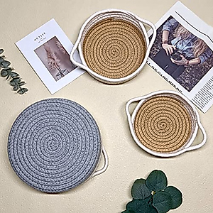 BSMstone 5-Piece Round Small Woven Baskets Set - 100% Natural Cotton Rope Baskets with HandlesKids Montessori Toys, Key Tray,Bowl for Entryway, Jewelry Remote Fruits Desk Home Decor…