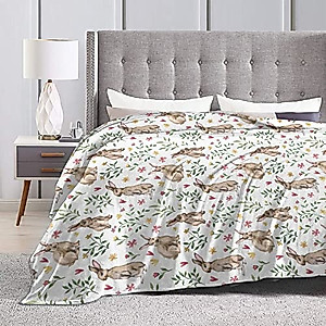 Rabbits and Flowers Throw Blanket Warm Cozy Lightweight Blankets Soft Easter Bunny Flannel Blanket for Sofa Couch Bed Office Holiday Decorative 80"X60"