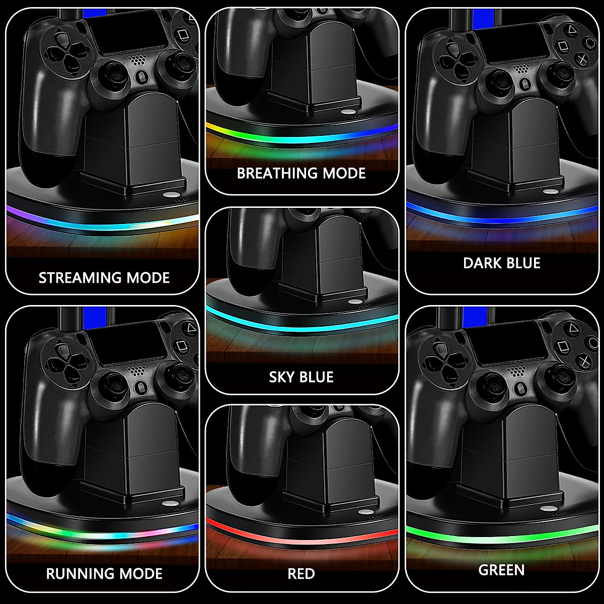 PS4 Controller Charger with RGB Headphone Stand, JDGPOKOO PS4 Controller Charger Dock Station with 2 USB Charging Ports, Headset Stand for Playstation 4 Charging Station, Black