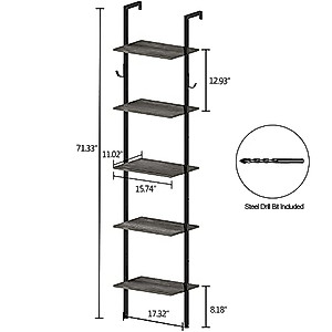 Tohomeor Retro Bookshelf Wall Mounted 5-Tiers Ladder Shelf Dark Grey Narrow Thin Bookshelf Farm House Open Display Storage Rack for Living Room Bedroom Home Office