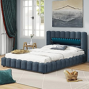 HAUSHECK Upholstered Bed Frame Queen Size with Large Underneath Storage, LED Headboard and USB Ports, Queen Floor Bed Frame w/Wooden Slats Support, Modern Platform Bed No Box Spring Needed